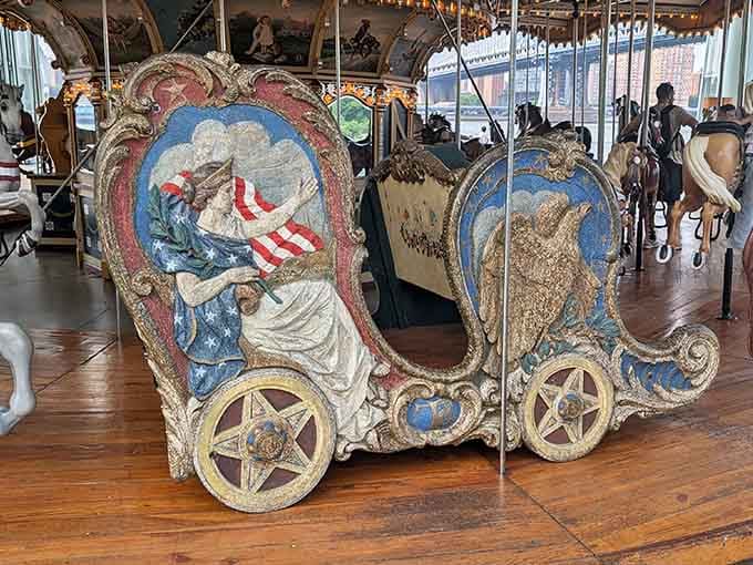 The ornate chariots feature patriotic themes and intricate carvings that showcase true American folk art at its finest.