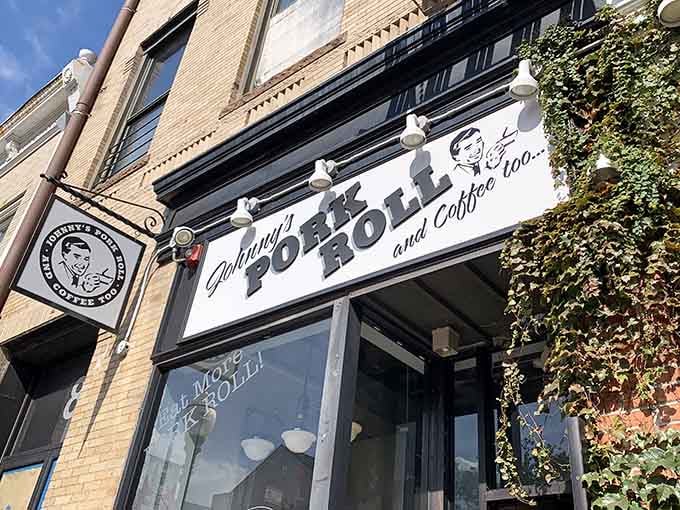 A sign that promises pork roll and coffee, then delivers on that promise with interest and enthusiasm.