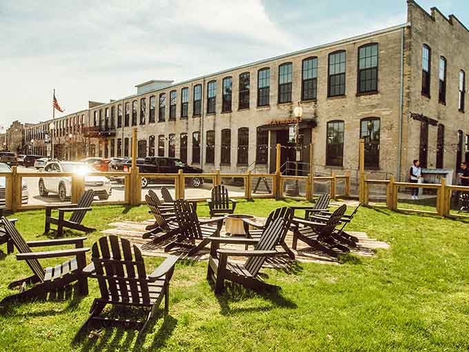 Adirondack chairs facing the historic building create the perfect spot for post-meal contemplation and digestion.