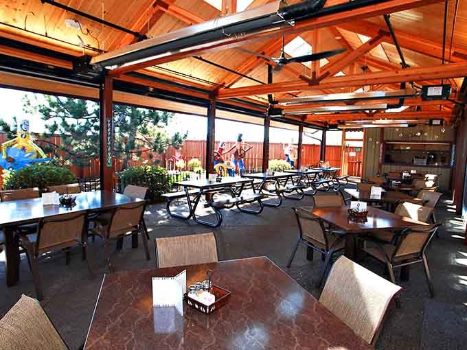 The covered patio extends the party outside, because Southern Oregon weather is too nice to waste indoors.