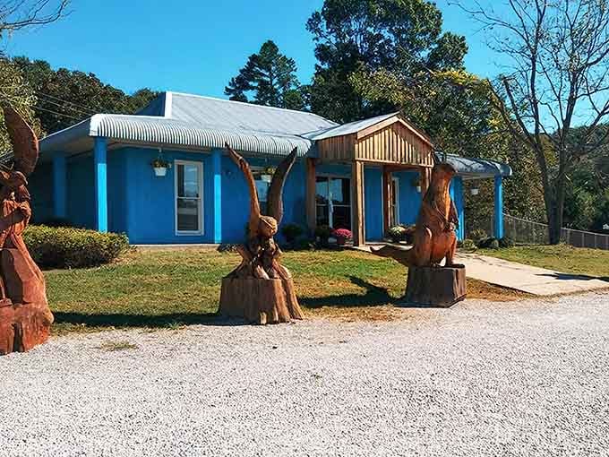 The cheerful blue entrance building decorated with kangaroo sculptures, immediately setting the tone for Australian adventures ahead.