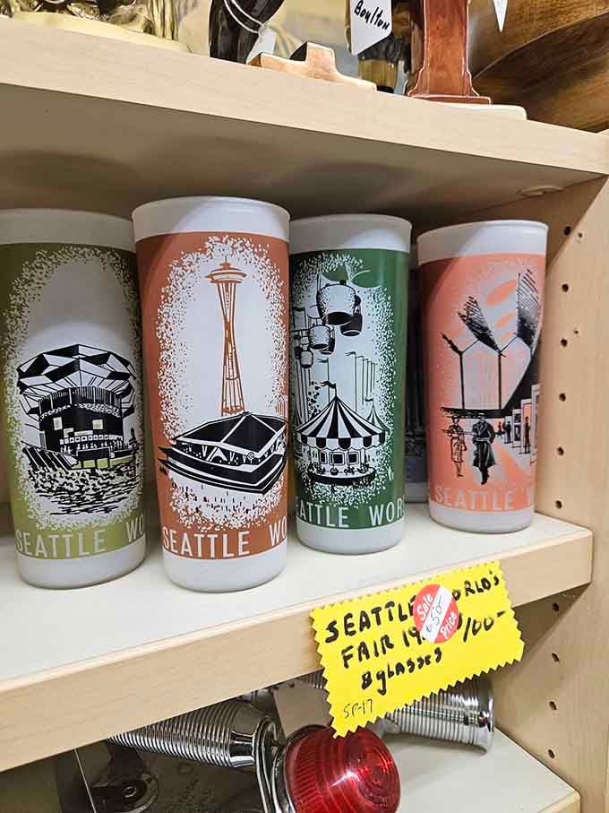 Seattle World's Fair glasses that prove souvenirs used to be functional, not just dust collectors from gift shops.