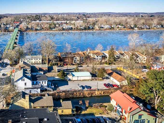 Aerial perspective reveals how perfectly this river town balances preservation with progress across the Delaware.