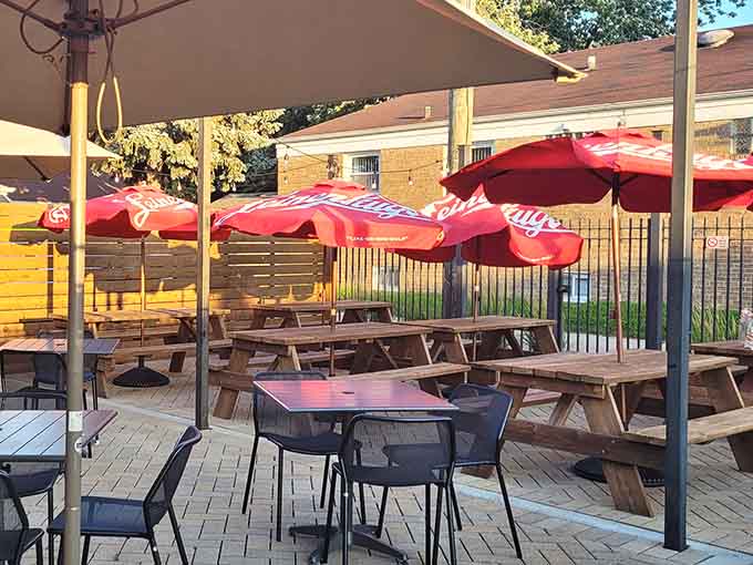 Outdoor patio seating with red umbrellas means you can enjoy that burger and beer under the sun when Illinois weather cooperates.