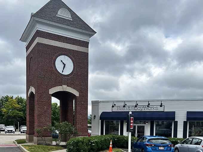 A brick clock tower adds unexpected charm to an outlet mall, because why not?