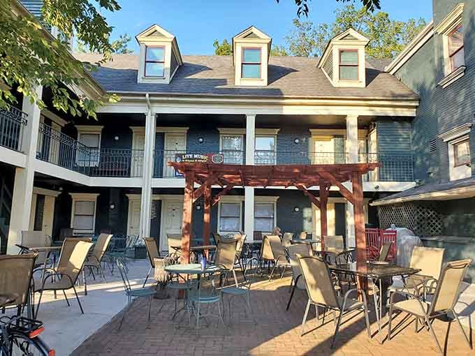 The Lewisburg Hotel's patio offers al fresco dining where conversation flows as freely as refreshments.
