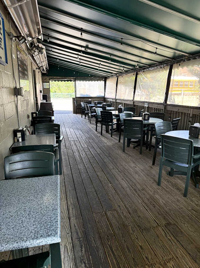 The heated deck means hot dog season never really ends, even when Michigan winters arrive.