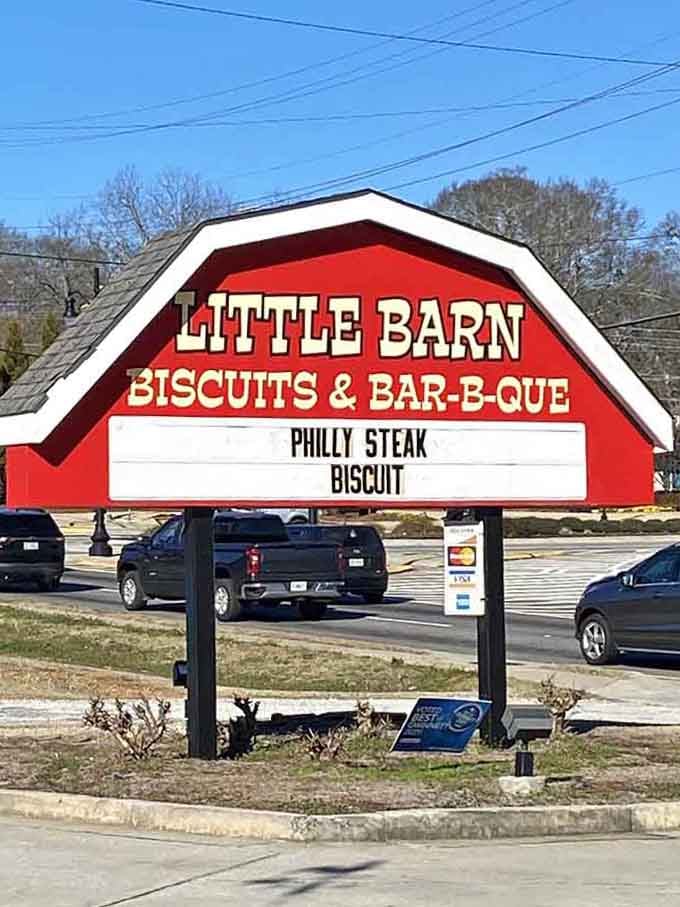 The roadside sign announces today's featured biscuit, beckoning hungry travelers to stop and experience Southern breakfast perfection.