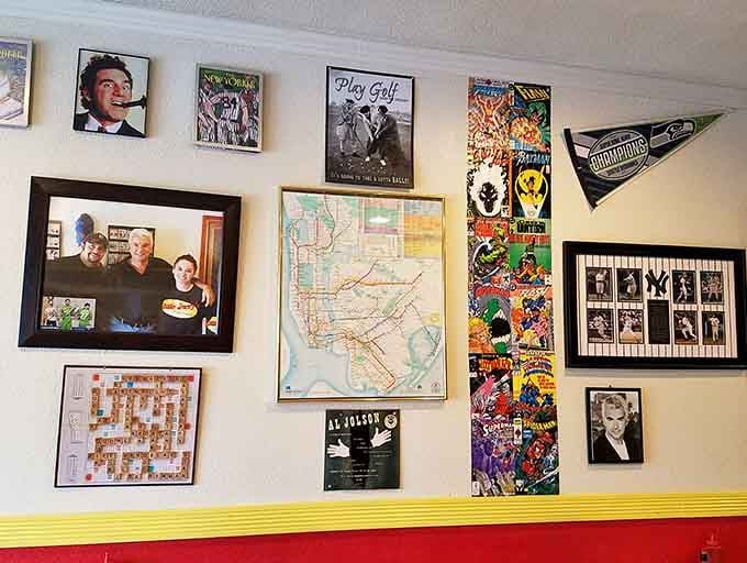 Maps, magazine covers, and memorabilia create a visual feast before your actual feast even arrives at the table.