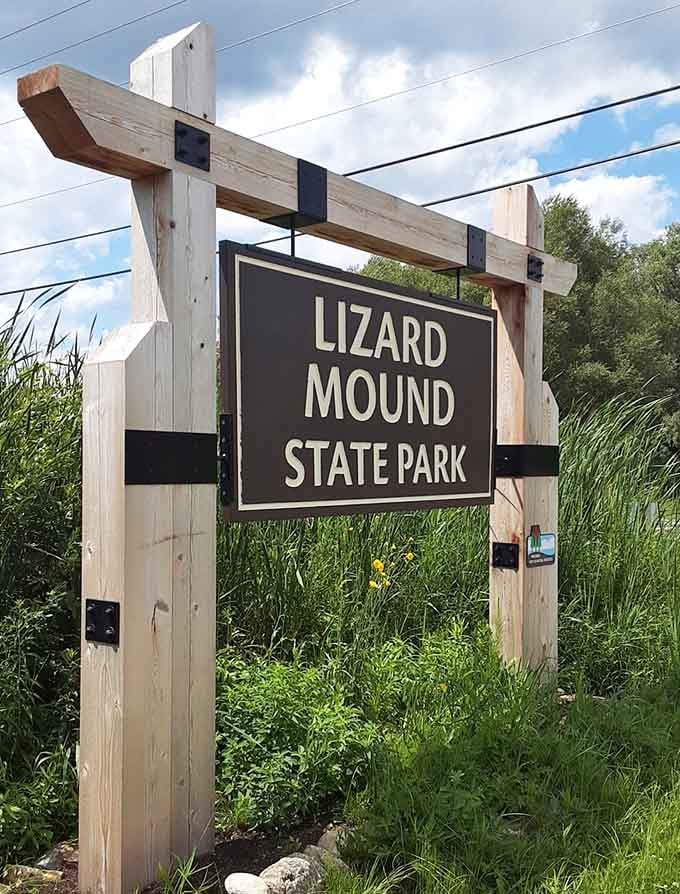 This welcoming sign marks the entrance to one of Wisconsin's best-kept archaeological secrets, hiding in plain sight.