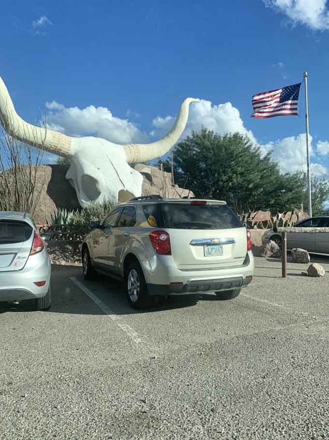 The parking lot fills up because word spreads fast when there's a giant skull serving excellent food nearby.