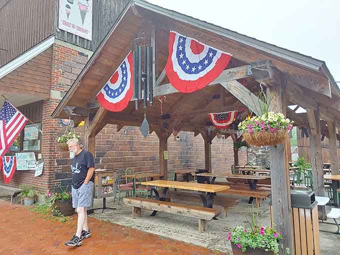 The covered patio lets you enjoy your meal al fresco while patriotic bunting waves overhead like edible freedom.