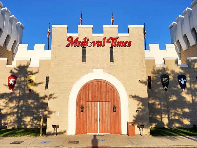 The castle exterior bathed in sunlight stands ready to transport another crowd beyond ordinary suburban Illinois evenings.