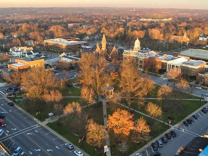 Aerial sunset view revealing Medina's historic square, where community radiates outward in every golden direction.