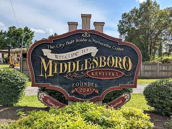 Welcome to the only town sign that can legitimately brag about being built inside a meteorite crater.