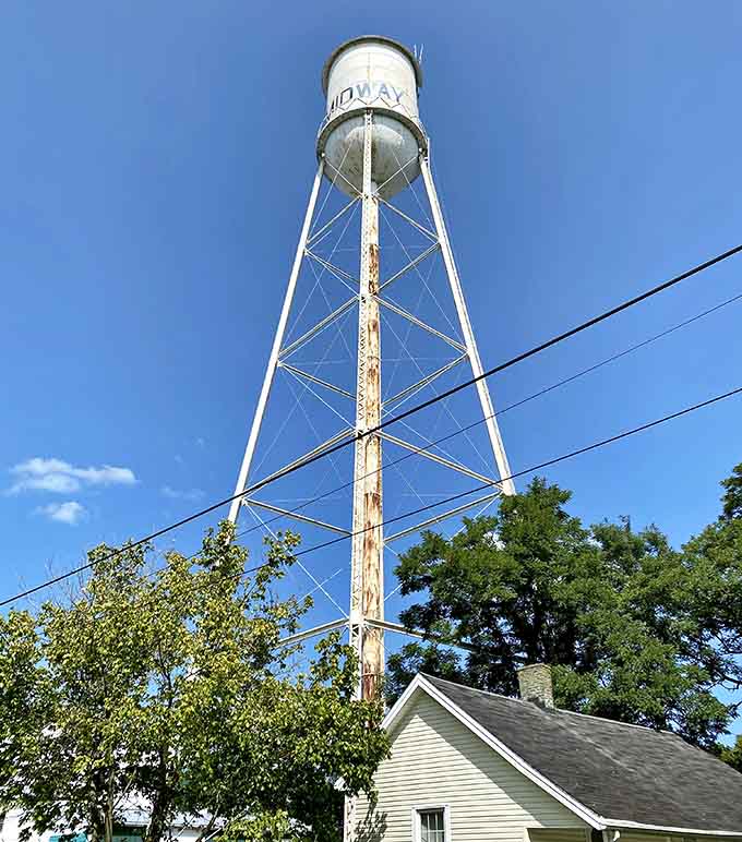 The water tower stands tall, announcing Midway to anyone who might otherwise miss this perfect little town.