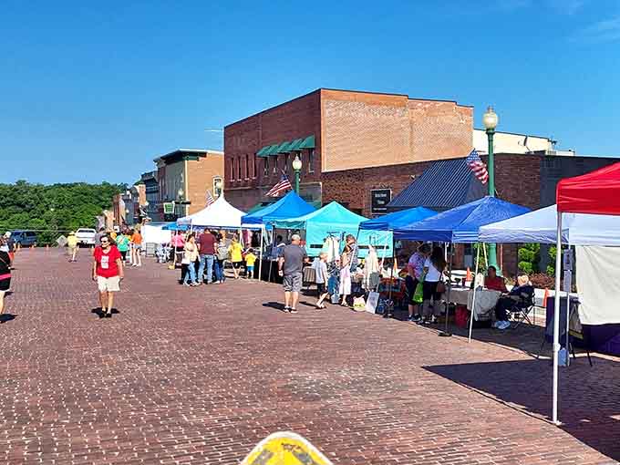The farmers market transforms downtown into a vibrant community gathering where fresh produce meets friendly conversation under colorful canopies.