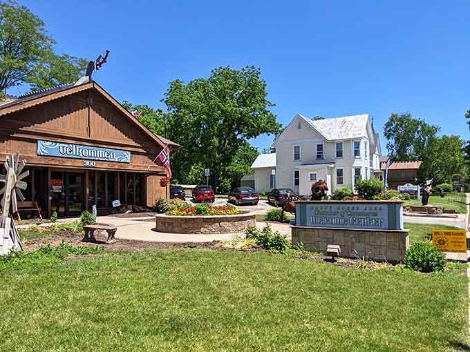 The Welcome Center stands ready to guide visitors, complete with traditional Norwegian architecture celebrating the town's proud heritage.