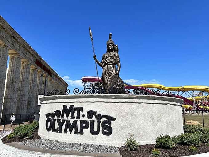 The goddess Athena welcomes visitors to Mt. Olympus, standing guard over this empire of family entertainment.