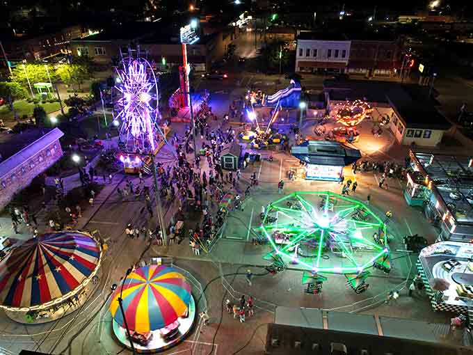 An aerial view reveals the full carnival glory, lit up like a constellation that landed right in downtown Murphysboro.
