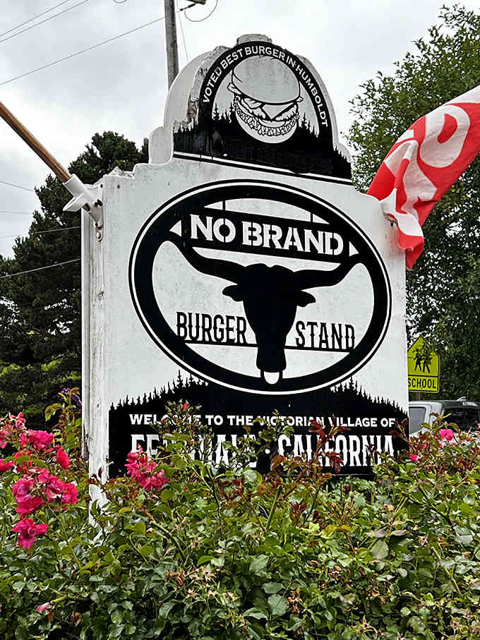 The bold signage welcomes visitors to Ferndale's Victorian village, where flowers bloom and burgers reign supreme year-round.