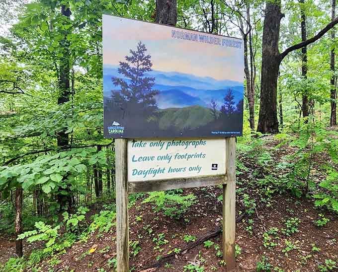 Trail signage reminding visitors to take only photographs and leave only footprints, the golden rule of outdoor etiquette everywhere.