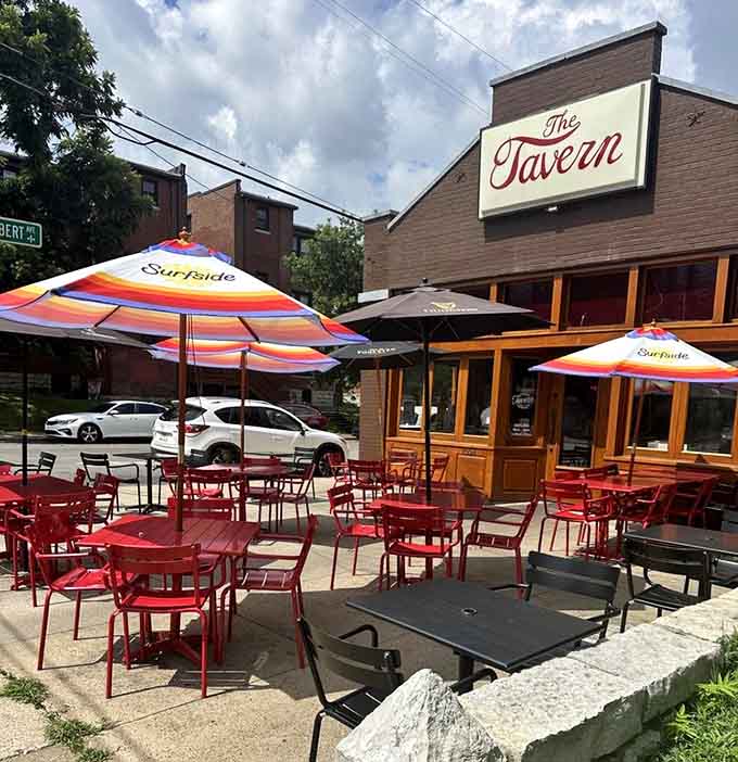 Outdoor seating with colorful umbrellas for when Kentucky weather decides to cooperate with your dining plans.