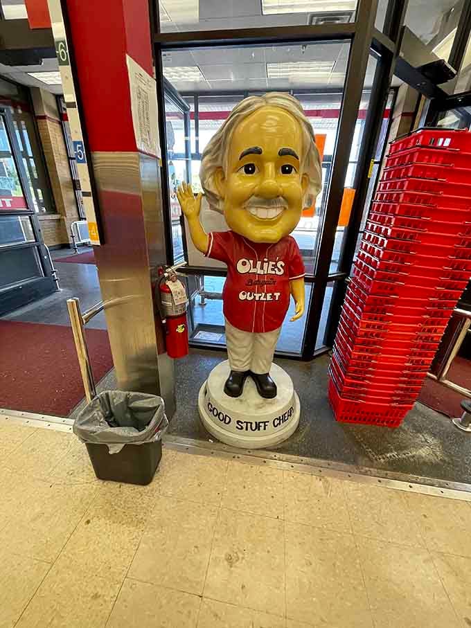 The friendly mascot statue greets you with that signature grin, promising good stuff cheap and delivering exactly that.
