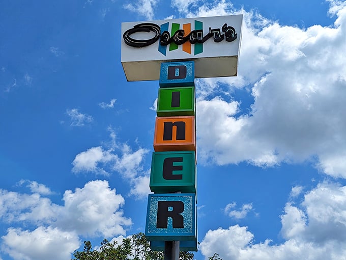 That colorful vertical sign beckons hungry travelers from the road, promising breakfast done right in Jefferson City, Missouri.