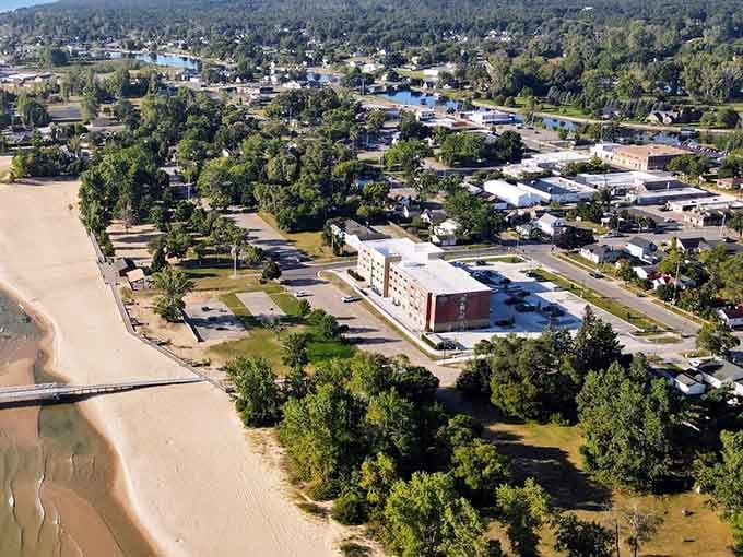 Aerial view of a town where Lake Huron's beaches meet affordable living and common sense still exists.