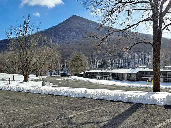 Winter transforms the landscape into a serene snow-globe scene, with Sharp Top wearing its seasonal white cap like a crown.