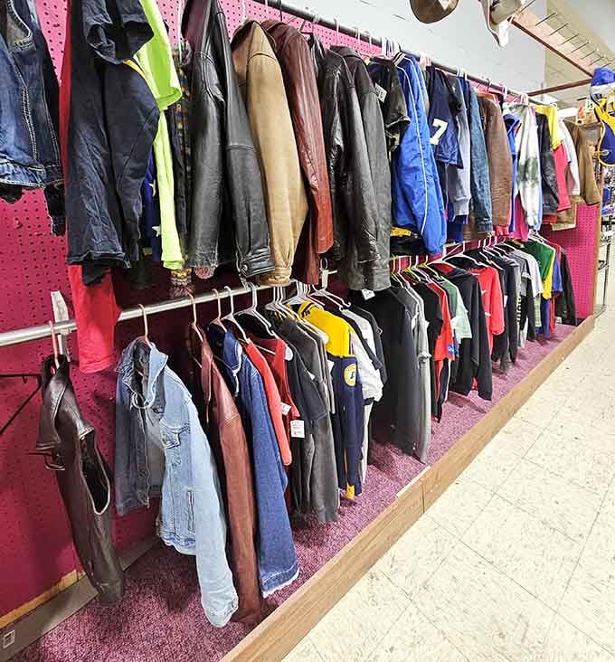 Leather jackets hanging like a rainbow of rebellion, ready to add edge to any wardrobe instantly.