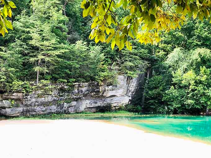 Limestone cliffs rising above white sand and emerald water create scenery that shouldn't exist this far inland.
