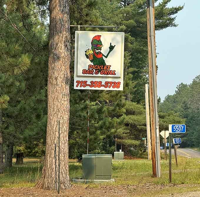 The cheerful pickle mascot on the sign practically waves you in from the highway with promises of burger bliss.