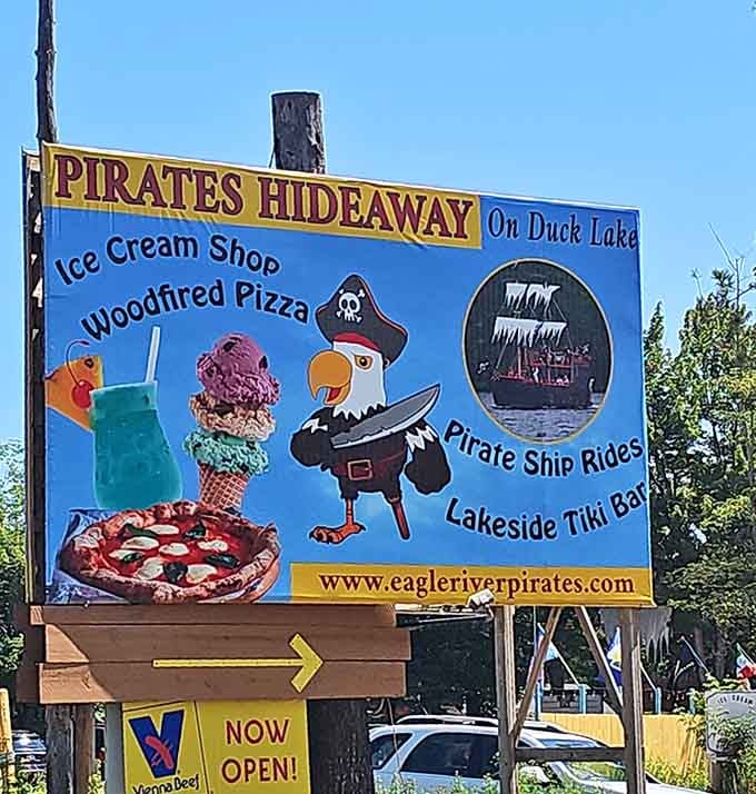 A pirate eagle promises ice cream, pizza, and ship rides, which is basically everything you need for a perfect summer day.