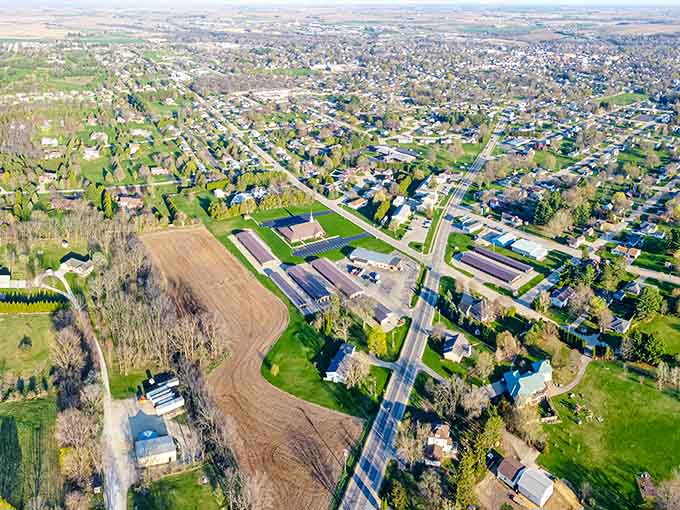 From above, Platteville spreads across the landscape like a well-planned community that actually remembered to include green spaces.