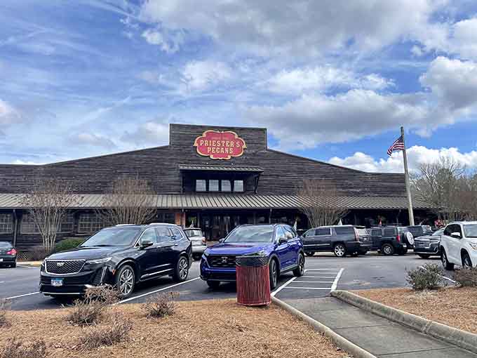 The welcoming exterior that's become a beloved landmark for travelers who know good pecans when they see them.