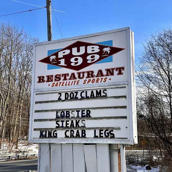 The roadside sign keeps it simple, letting the clams, lobster, and steaks do all the talking they need.