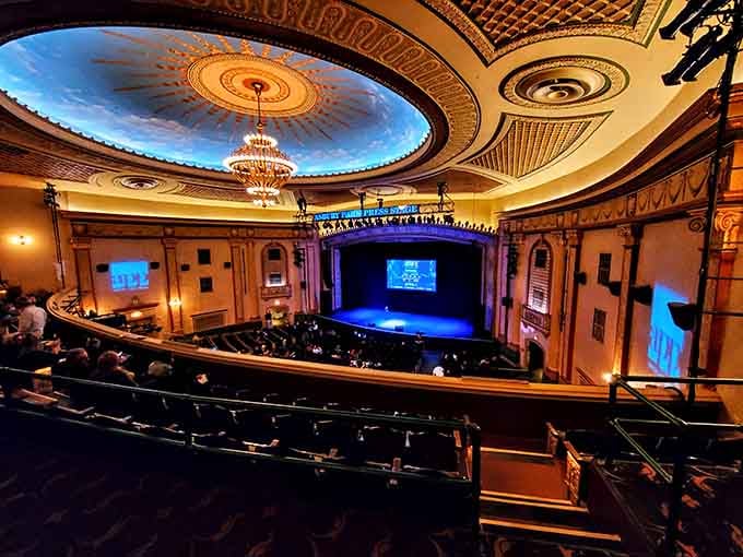 The Count Basie Center's ornate ceiling and chandelier create the kind of theatrical magic that streaming services can't touch.