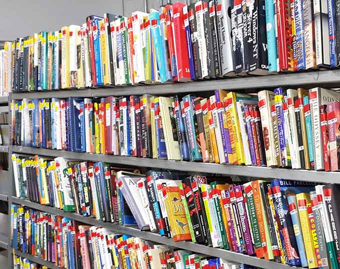 Books stacked spine-out like a literary treasure map, each one a potential gateway to someone's next favorite story.