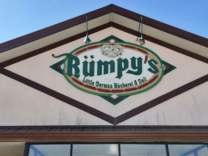 The sign promises a Little German Bäckerei, which is like calling the Grand Canyon a nice ditch.