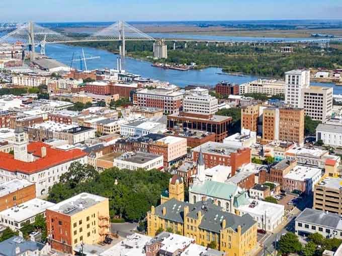 Aerial views reveal Savannah's grid of squares and the mighty river that made this city possible.