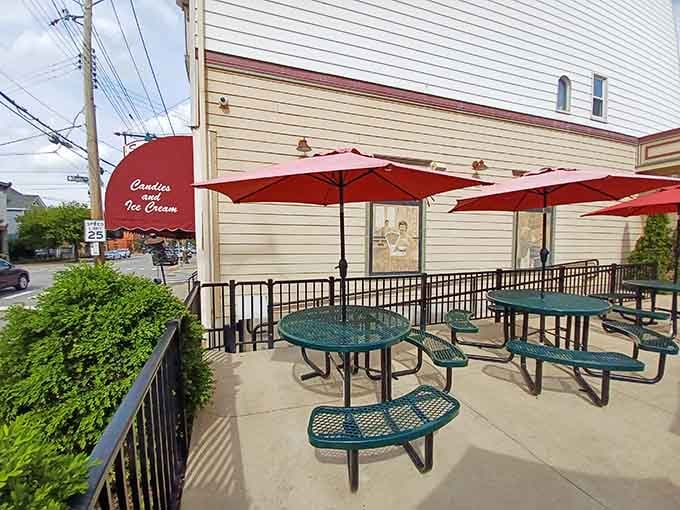 Outdoor seating where you can enjoy your treats while watching the world go by, cone in hand, worries forgotten.