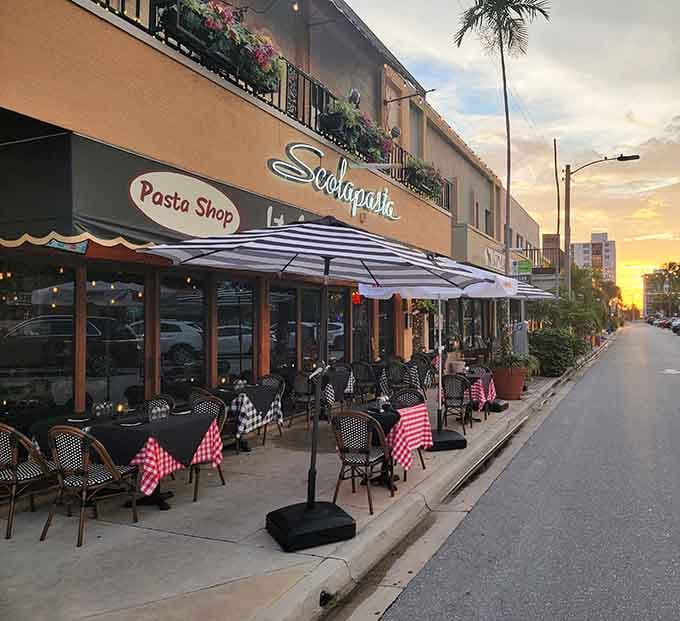 Outdoor seating with checkered tablecloths that practically begs you to linger over wine and fresh pasta tonight.