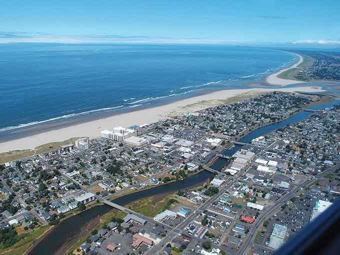 From above, Seaside reveals its compact charm, where ocean breezes meet main street and every block holds potential for discovery.