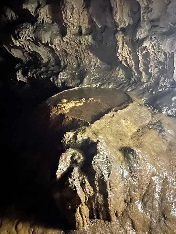 Ancient rock formations reflecting the cave's ancient beauty, still and mysterious in the dim light.