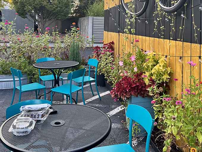 The garden patio where you can pretend the flowers make your dessert-only meal a balanced, health-conscious dining experience somehow.