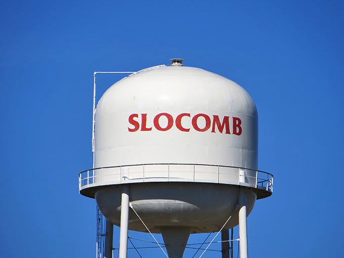 The water tower declares Slocomb's identity to the world, visible for miles across the flat Alabama landscape.
