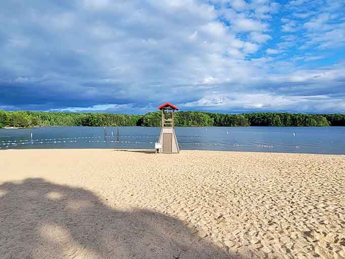 Storm clouds gather dramatically overhead, reminding us that nature's moods make every visit uniquely memorable.