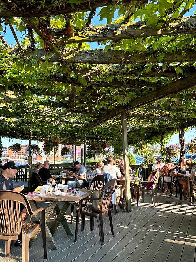 Outdoor seating under the grape arbor is absolutely the move when weather permits, no question about it.